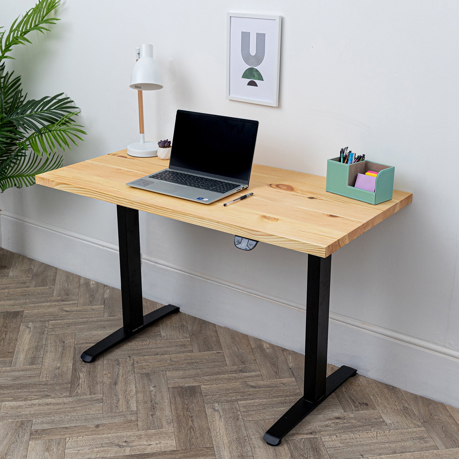 Electric Height Adjustable Standing Desk with Pine Solid Wood Desktop