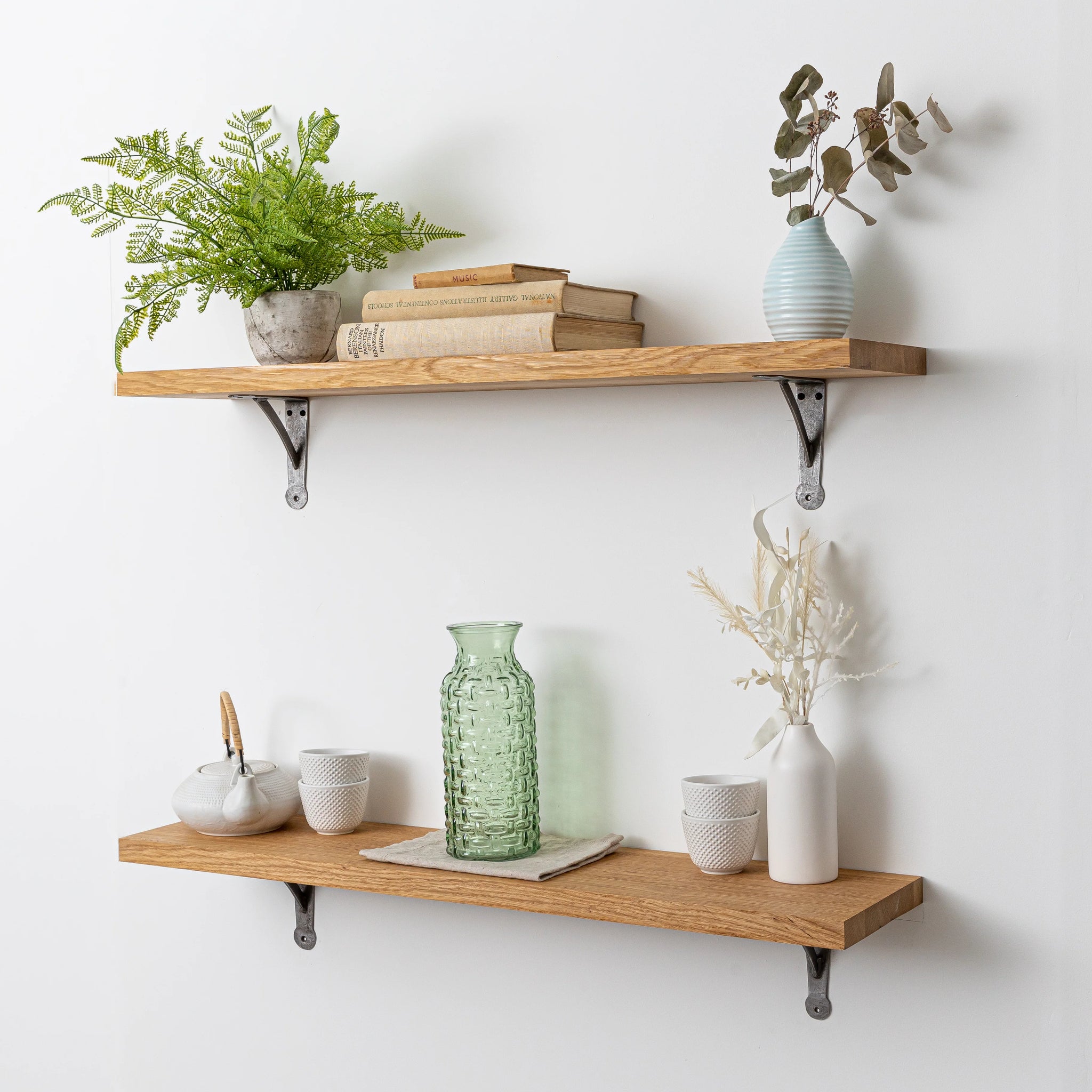 Full Stave Prime Oak Solid Wood Shelf - 27mm thick with Antique Iron H