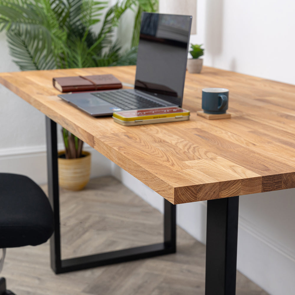 Oak Solid Wood Desk with Square Metal Legs - 27mm thick desktop
