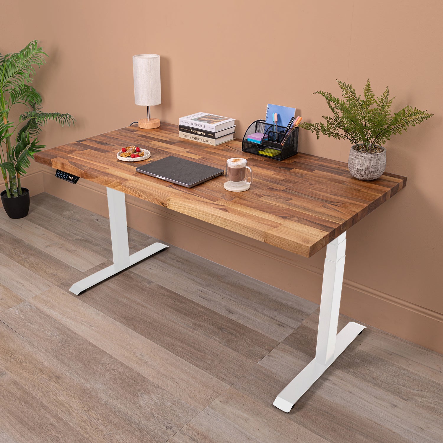 Premium d3 Dual Motor White Standing Desk with Walnut Solid Wood Deskt