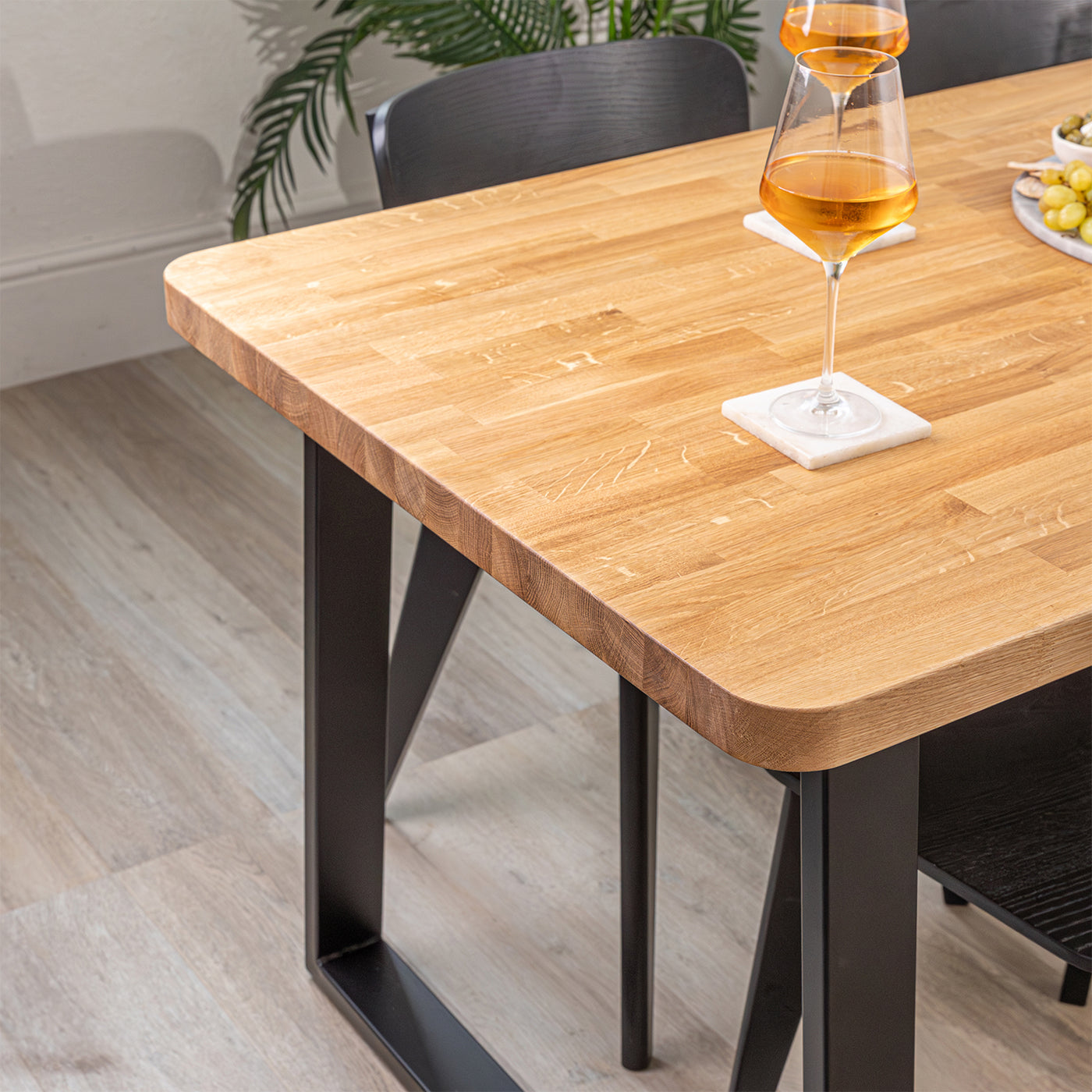 Prime Oak Solid Wood Rounded Table with Trapezium Metal Legs