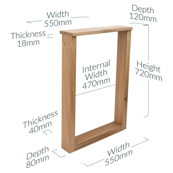 80mm Solid Oak Wooden Square Table & Desk Legs 720mm high x 550mm deep
